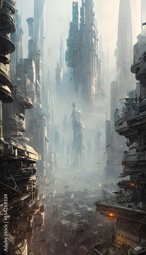 Futuristic apocalyptic city with tall towers, digital painting Stock ...