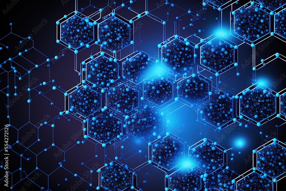 In this abstract blue backdrop template, you can see the blockchain ...