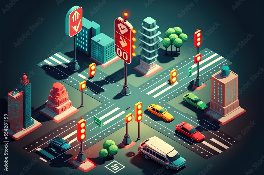 Illustration of traffic lights and transportation signage in an urban ...