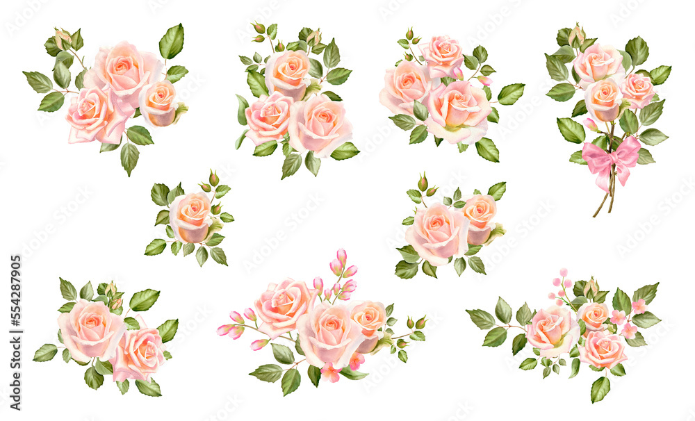 Watercolor rose flowers set . Rosegold floral bouquet clipart. Blush ...