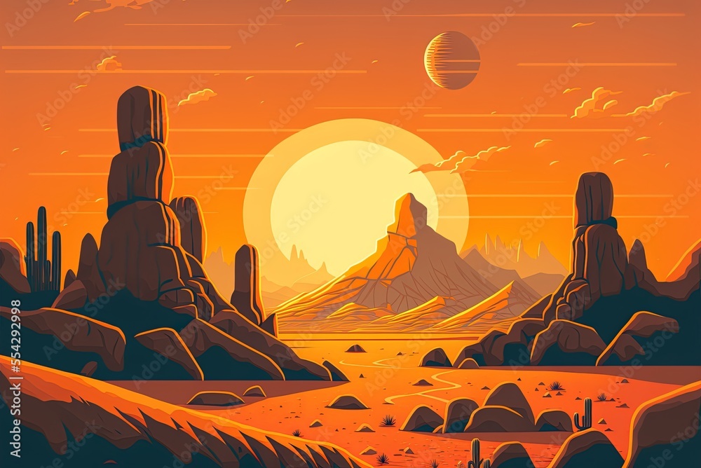 Desert surface at dawn or dusk on an alien planet, with mountains and ...