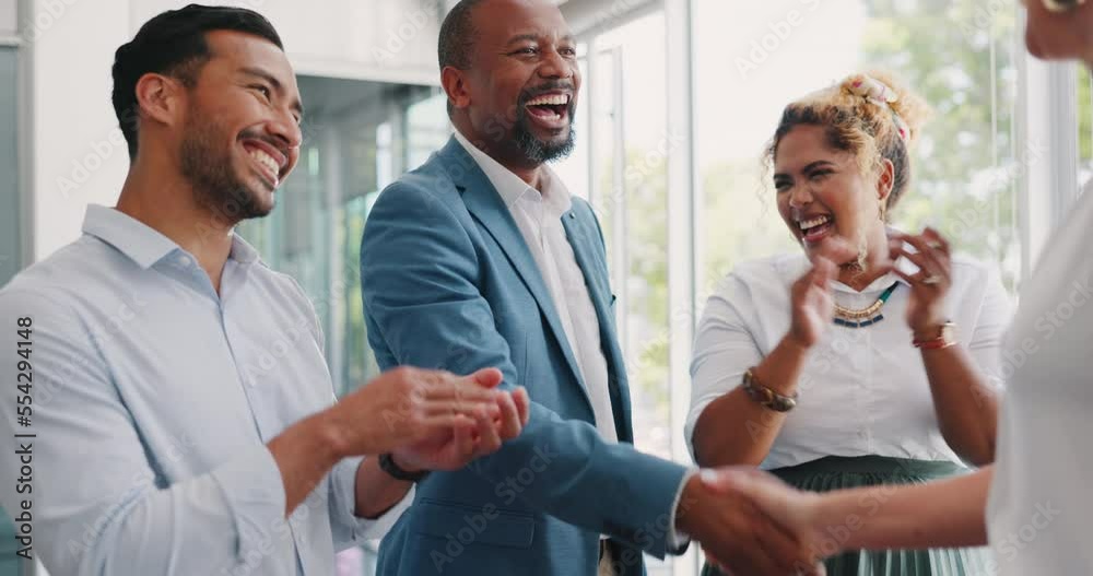 Business people, shaking hands and applause for meeting, agreement and ...