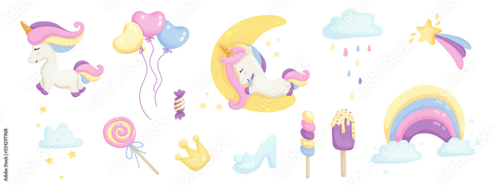 Cute rainbow unicorn unicorn clipart. Cartoon vector graphics. Stock ...