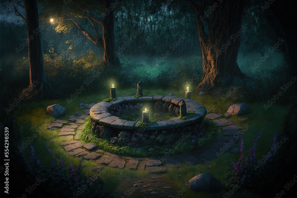 Evening in a magical woodland, where a circular stone altar sits ...