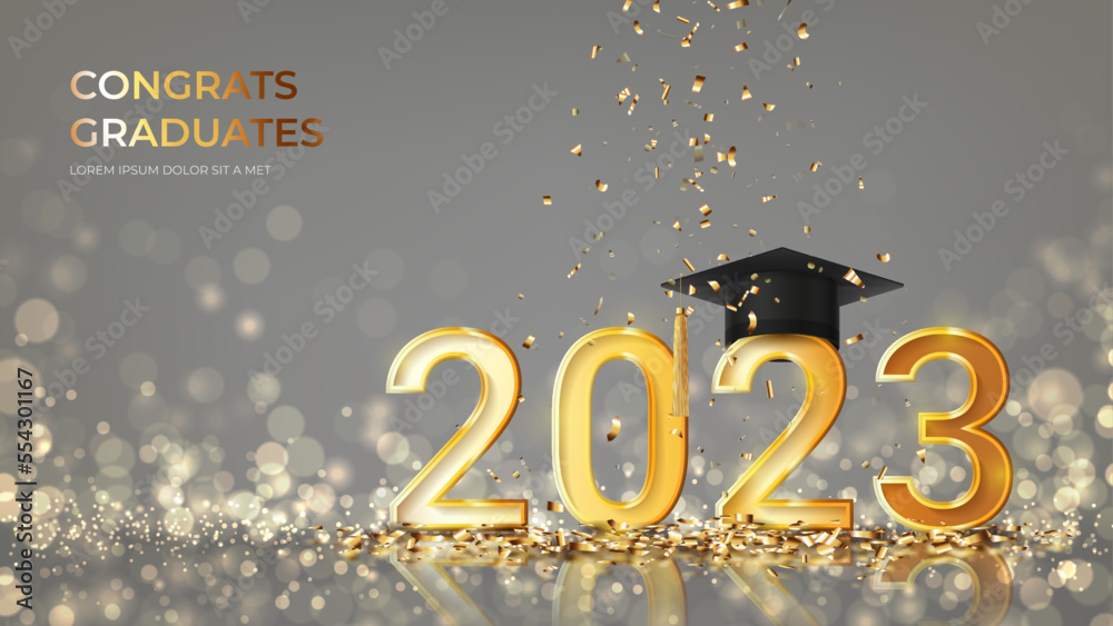 Banner for design of graduation 2023. Golden numbers with graduation ...
