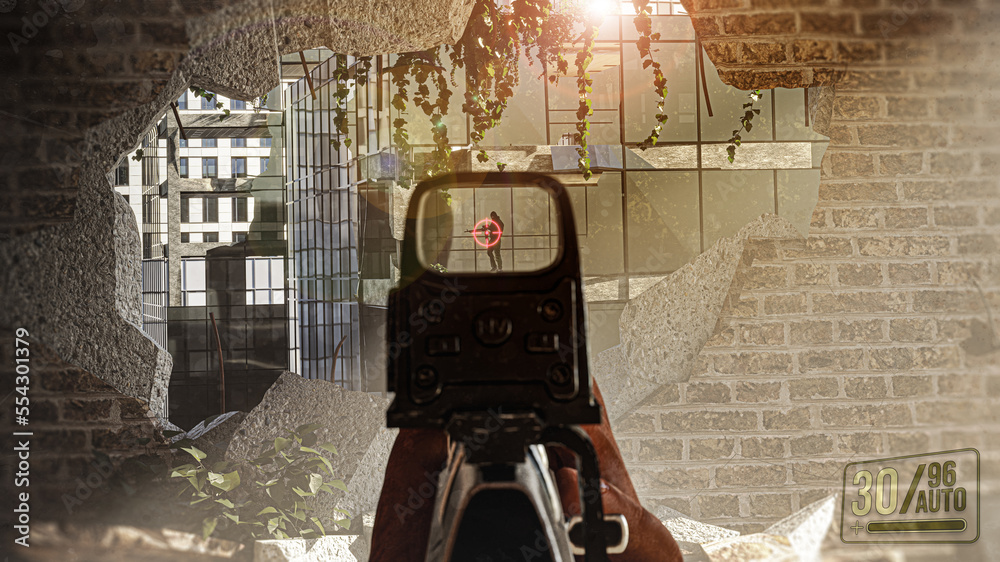 Illustrazione Stock First-person shooter war game screenshot concept ...