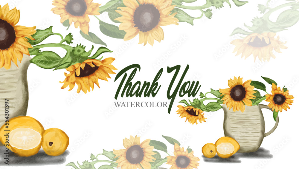 Thank you card with watercolor sunflower with pot Stock Vector | Adobe ...