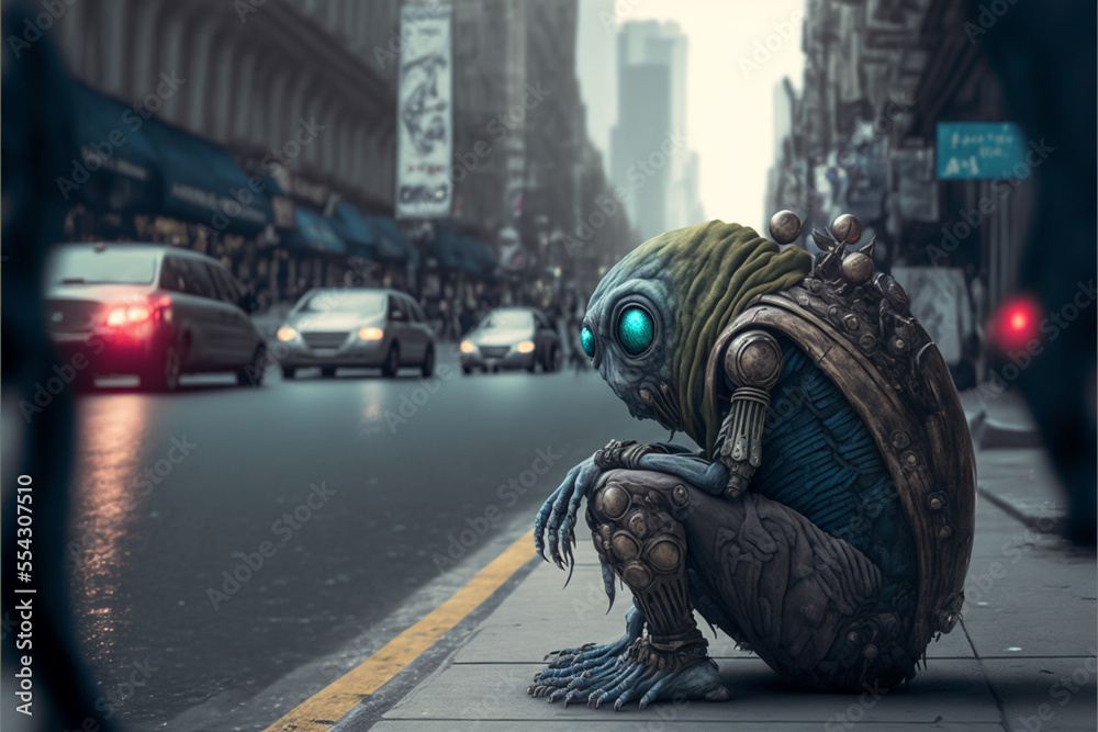 Cute and sad alien monster sitting on the street of a big city. Paled ...