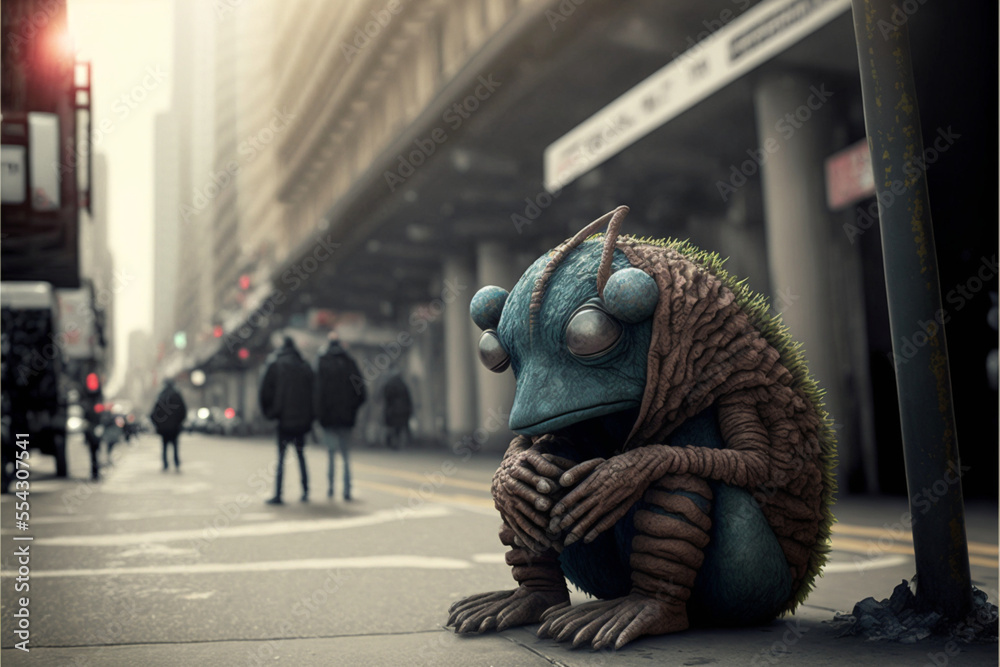 Cute and sad alien monster sitting on the street of a big city. Paled ...