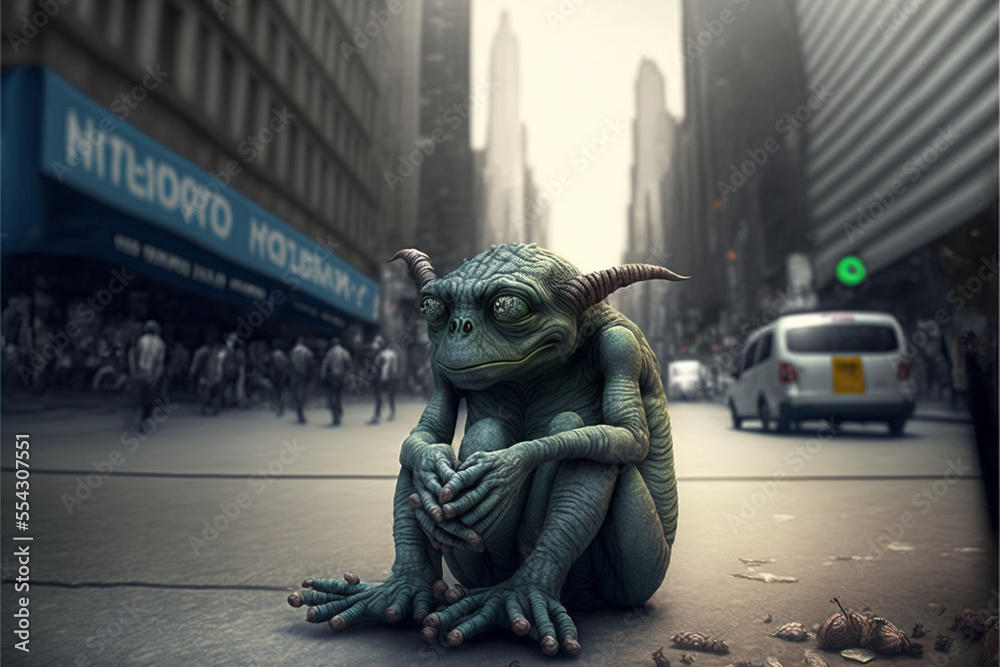 Cute and sad alien monster sitting on the street of a big city. Paled ...