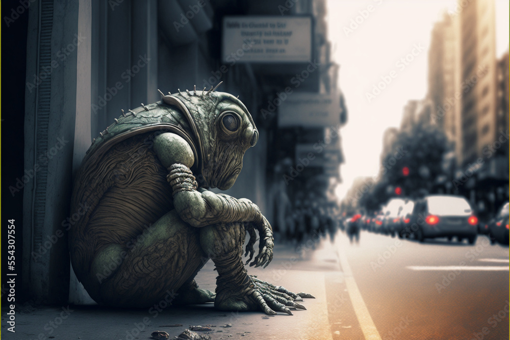 Cute and sad alien monster sitting on the street of a big city. Paled ...