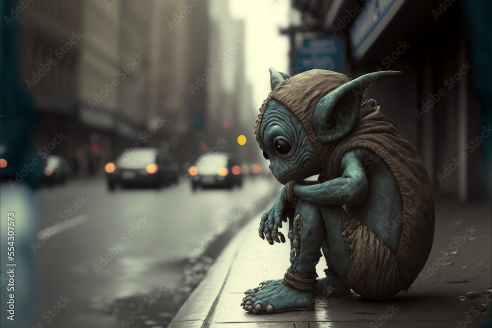 Cute and sad alien monster sitting on the street of a big city. Paled ...