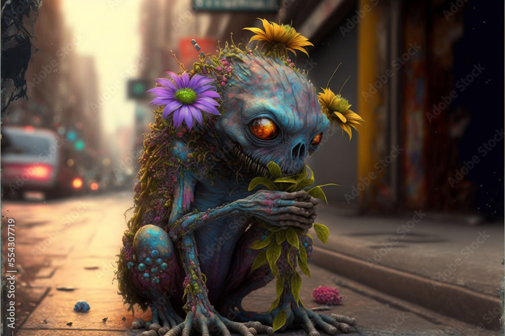 Cute and sad alien monster with flowers sitting on the street of a big ...