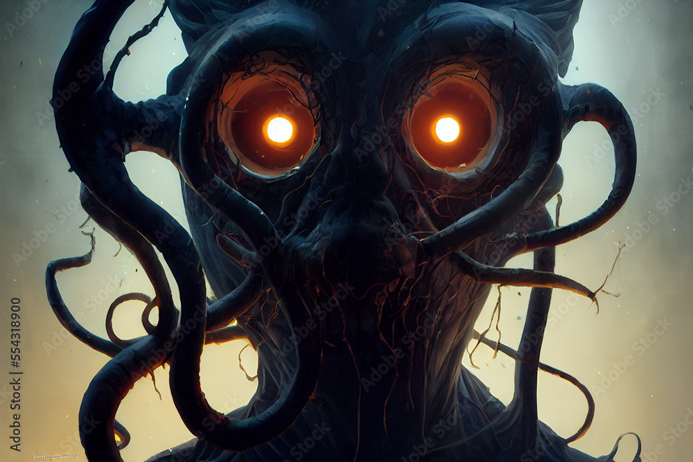 Face of monster with red glowing eyes and without mouth. Stock ...