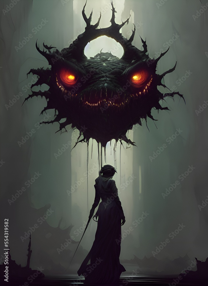 Woman standing in front of a huge floating demon head with glowing red ...