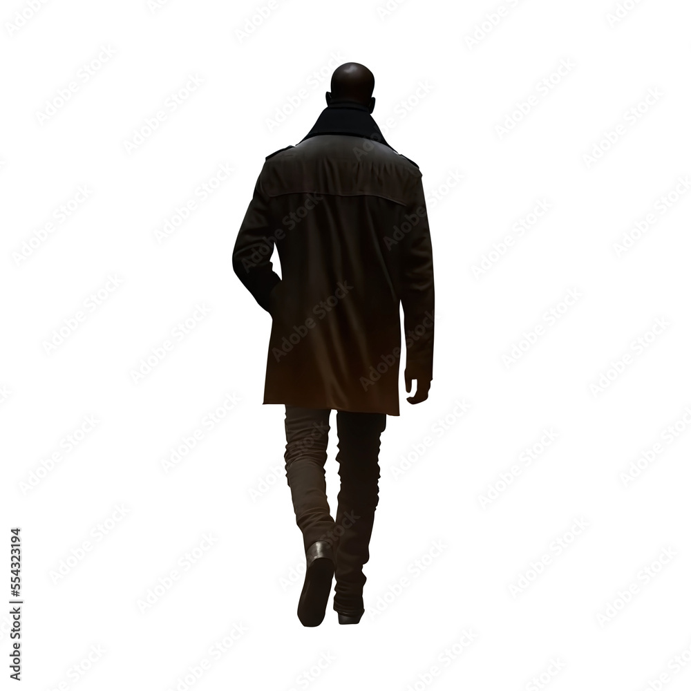 Black man walking away. Trench coat and fedora. Mafia man. Private ...