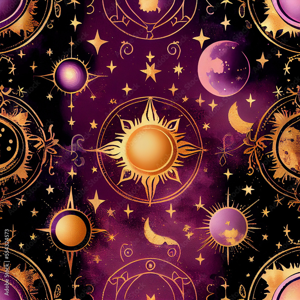 Purple and Gold Celestial Pattern - Moon and Stars - AI Art Stock Illustration | Adobe Stock