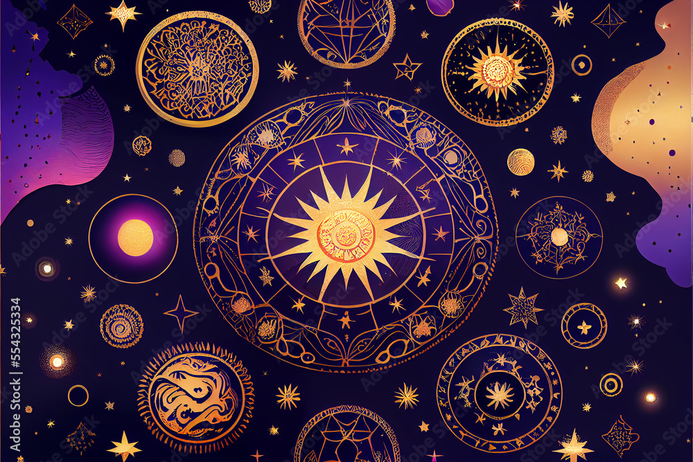 Purple and Gold Celestial Pattern - Moon and Stars - AI Art Stock Illustration | Adobe Stock