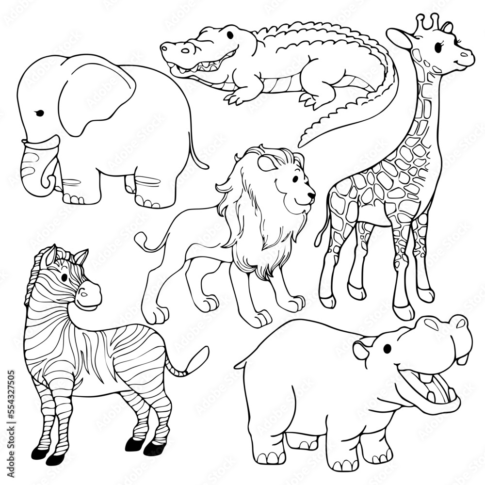 Coloring book of safari animals, lion, zebra, hippocampus ,crocodile ...