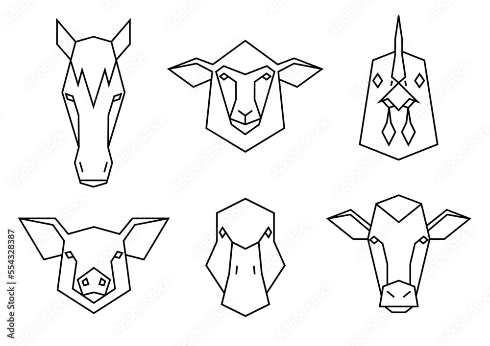 Set of farm animals icons. Geometric heads of a horse, sheep, chicken ...