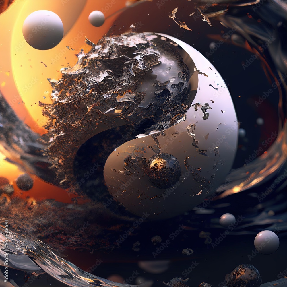 Destruction of Yin Yang Symbol, black white gold, generative AI Stock ...