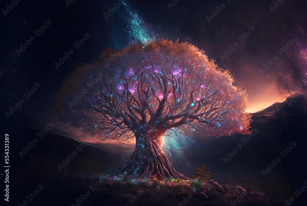 divine tree with glitter glow light, tree of the universe, tree of life ...