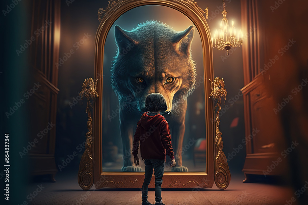 surreal illustration of a kid facing with his fear that represent as a ...