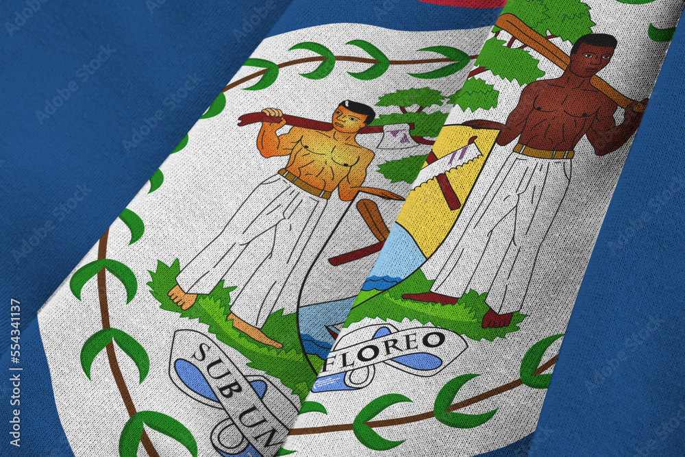 Foto de Belize flag with big folds waving close up under the studio ...