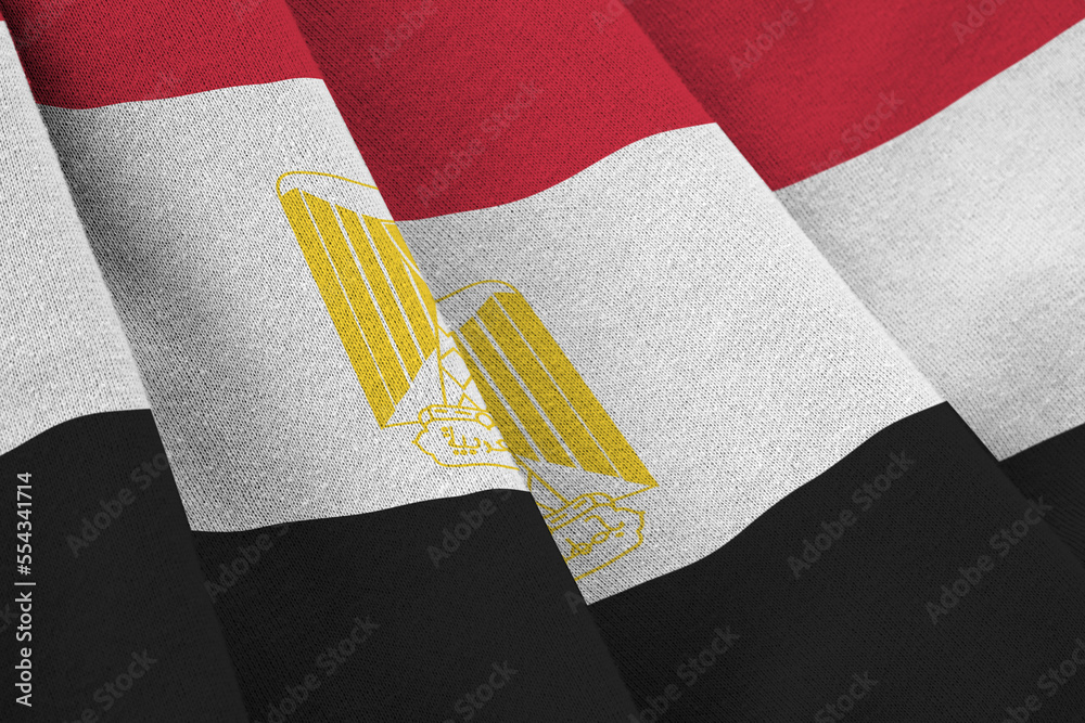 Egypt flag with big folds waving close up under the studio light ...