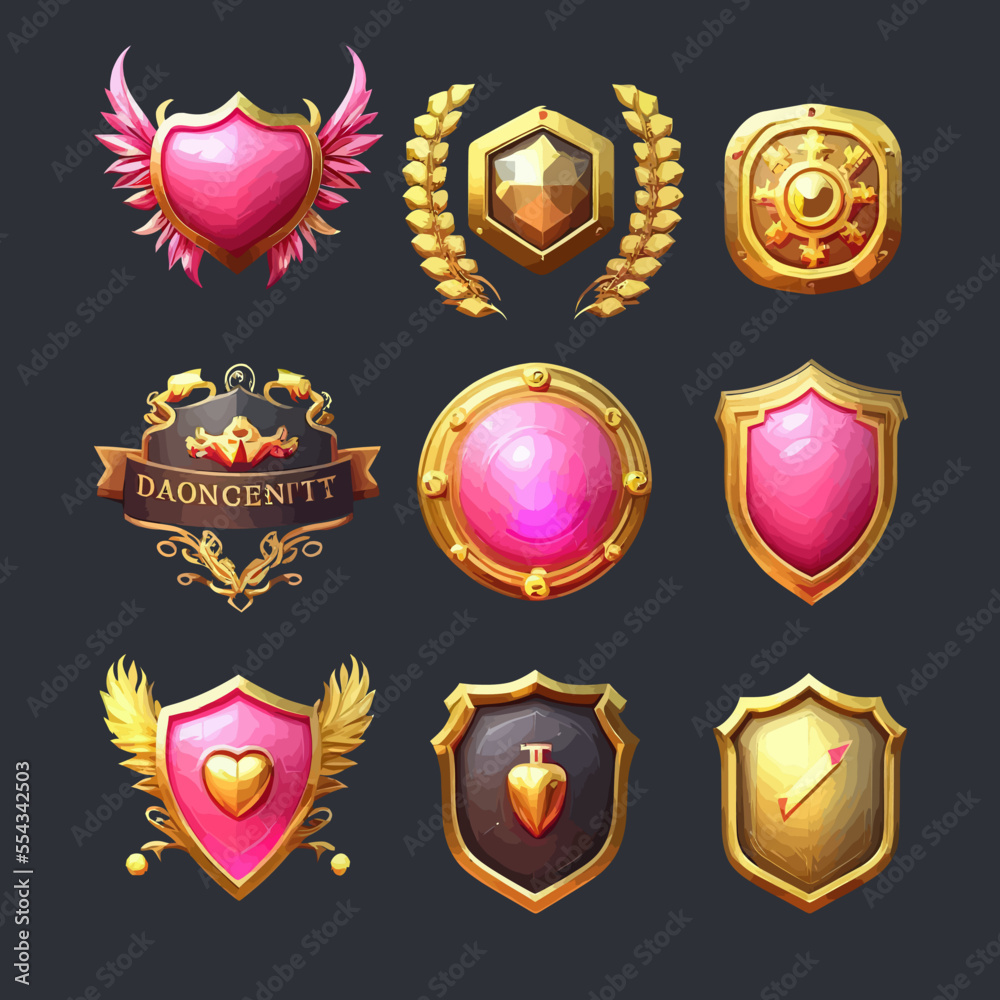 Game button set, avatar text frame kit,gui UI golden pink badge ...