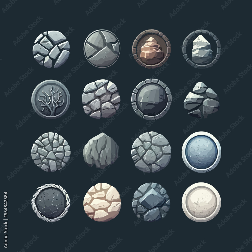 Stone vector button set, gui UI rock frame game asset. Isolated on a ...