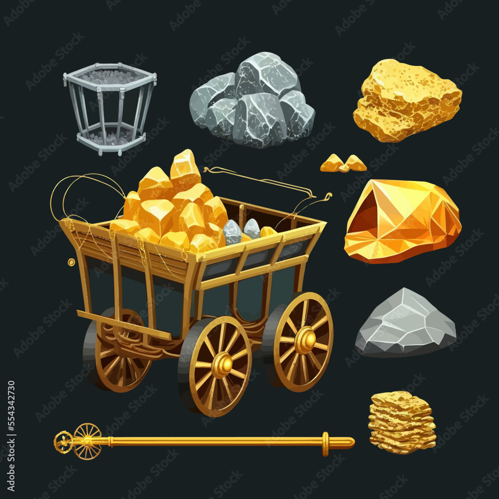 Vecteur Stock Gold mine cart set, old diamond, Cave entrance, gray rock ...