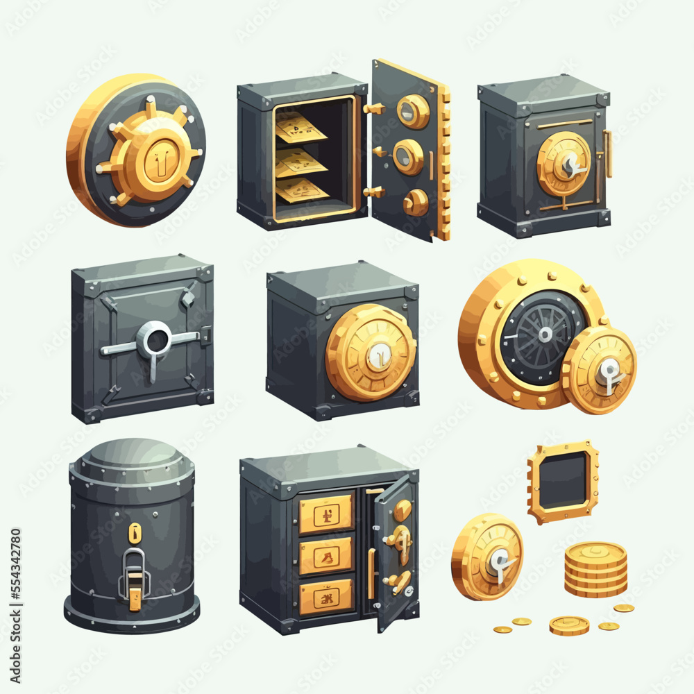 3D safe set, bank money open iron box. Isolated on a white background ...