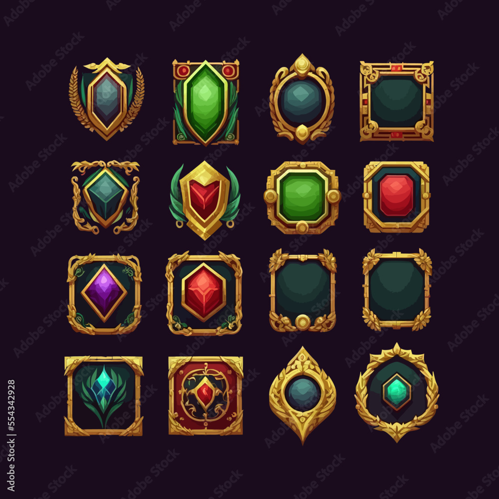 Golden game vector frame set, UI gui medieval interface badge. Isolated ...