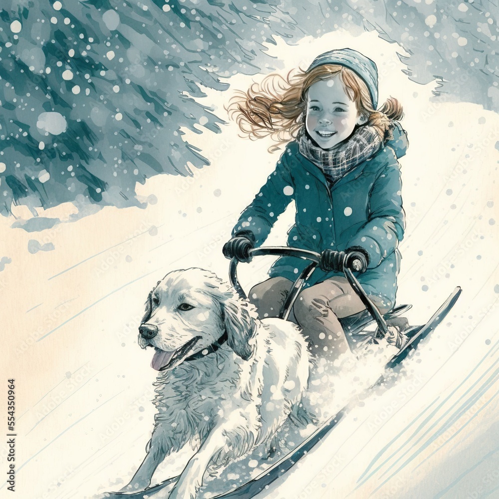 Kid and dog riding a sled on a snowy winter slope watercolor ...