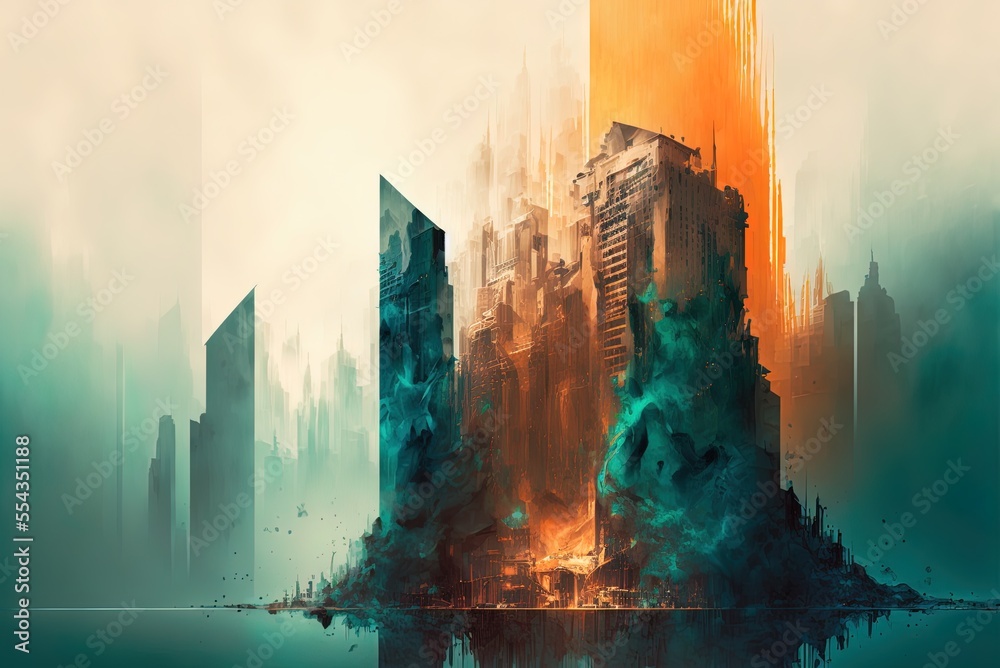 Awesome abstract urban, cityscape, skyscraper painting in orange and ...