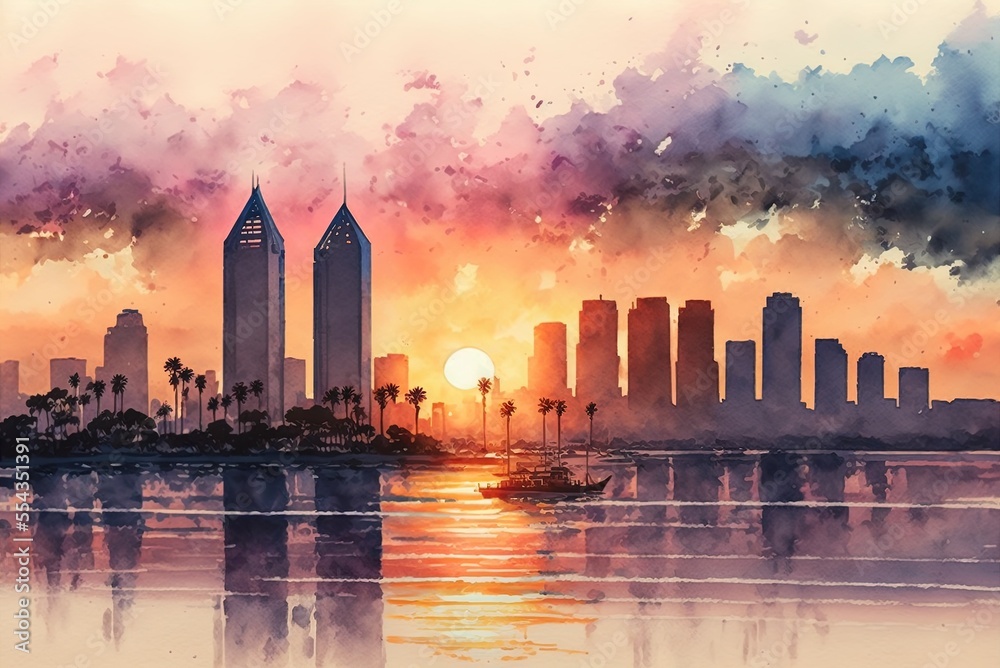image of the Coronado Bridge and the San Diego skyline at sunset ...