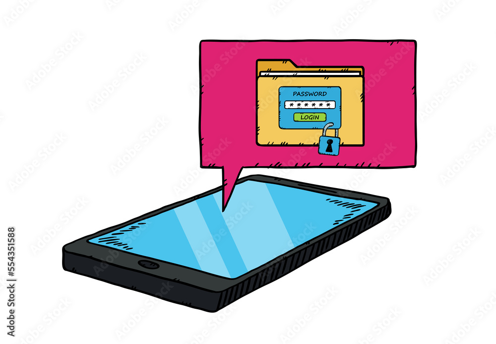 Graphic of a phone with a cloud and a folder protected by a password ...