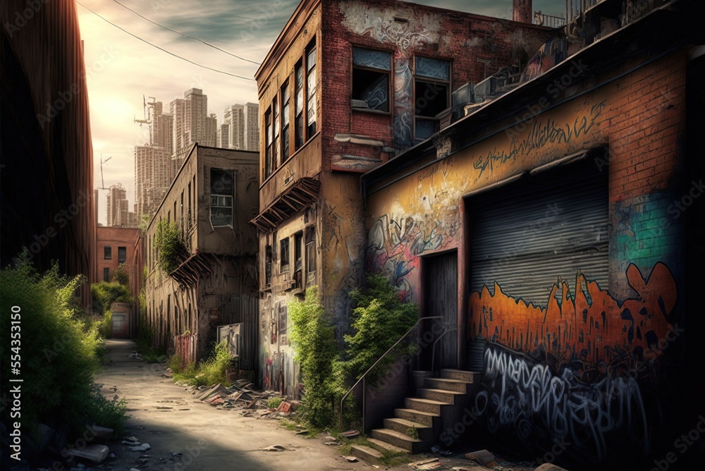 Scene from an urban slum, complete with graffiti-covered alley ...