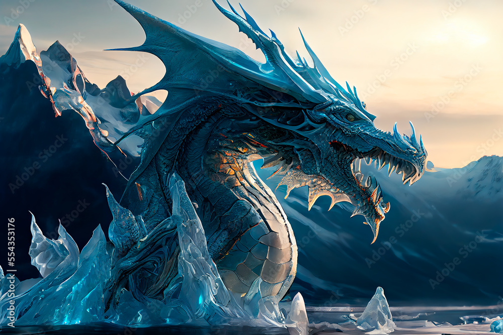 Ice Dragon head in frozen lands Fantasy art. Generative AI Stock ...