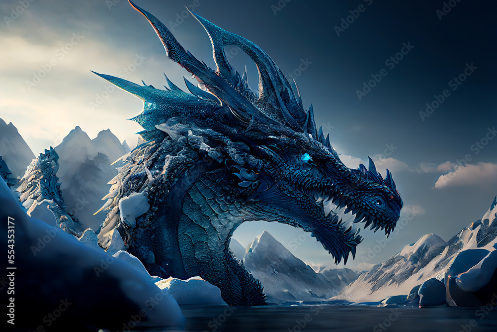 Ice Dragon head in frozen lands Fantasy art. Generative AI Stock ...