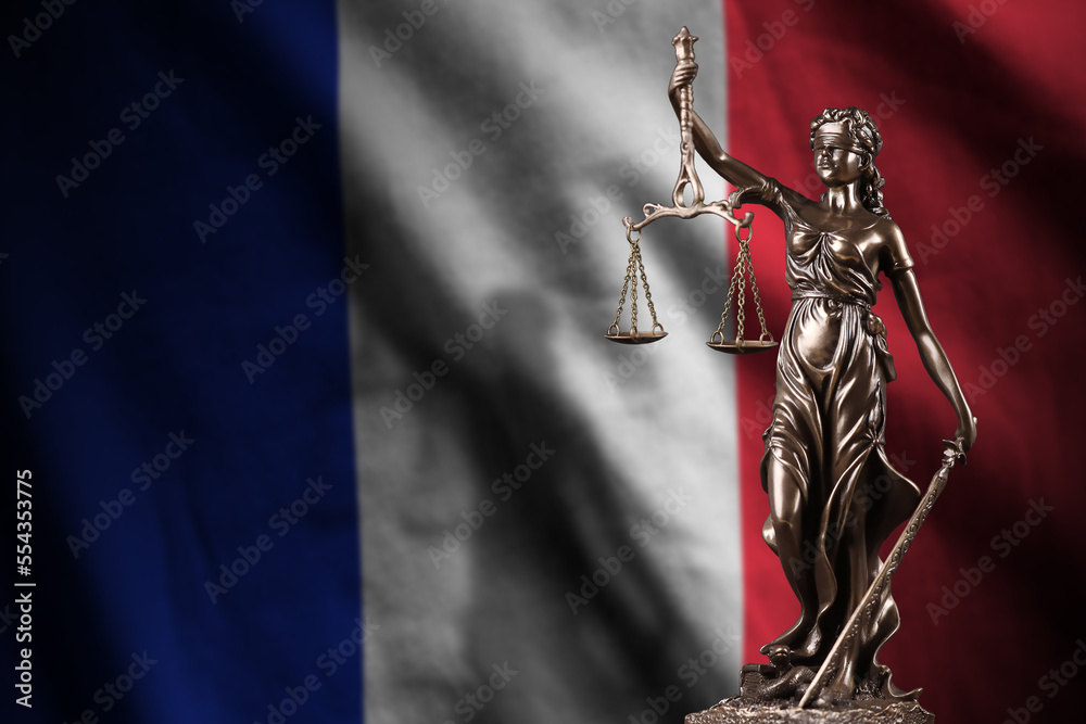 France flag with statue of lady justice and judicial scales in dark ...