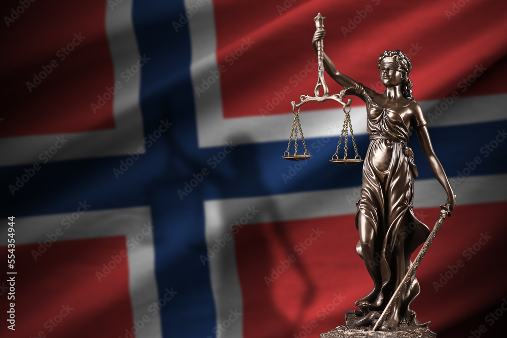 Norway flag with statue of lady justice and judicial scales in dark ...