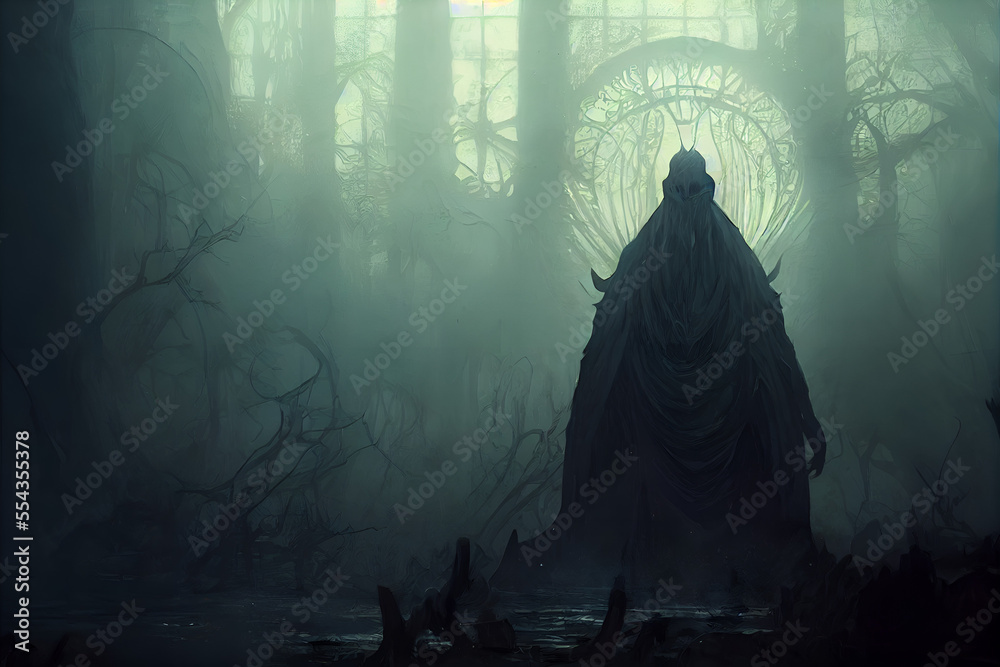 Dark person standing in spooky area. Stock イラスト | Adobe Stock