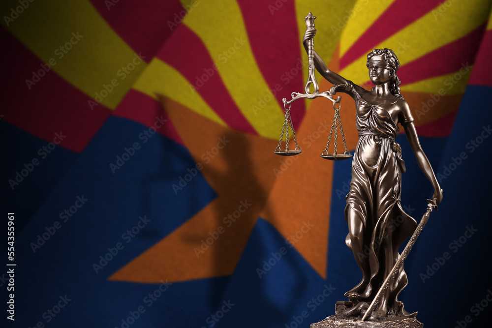 Arizaona US state flag with statue of lady justice and judicial scales ...