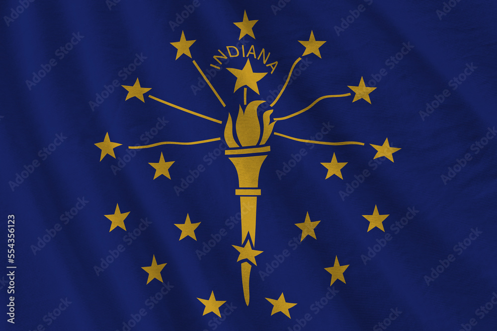 Indiana US state flag with big folds waving close up under the studio ...