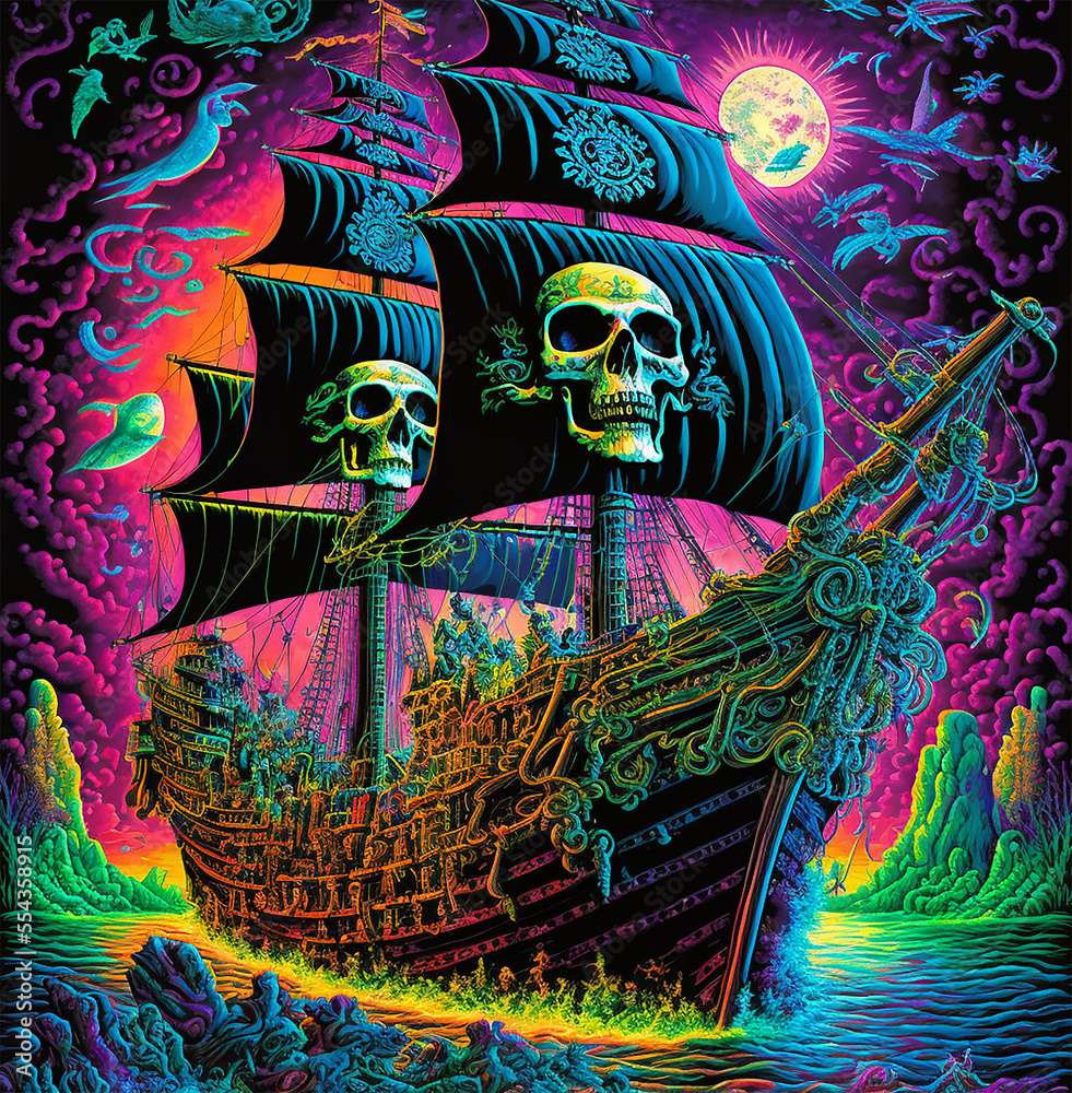Psychedelic Pirate Ship Generative AI Stock Illustration | Adobe Stock