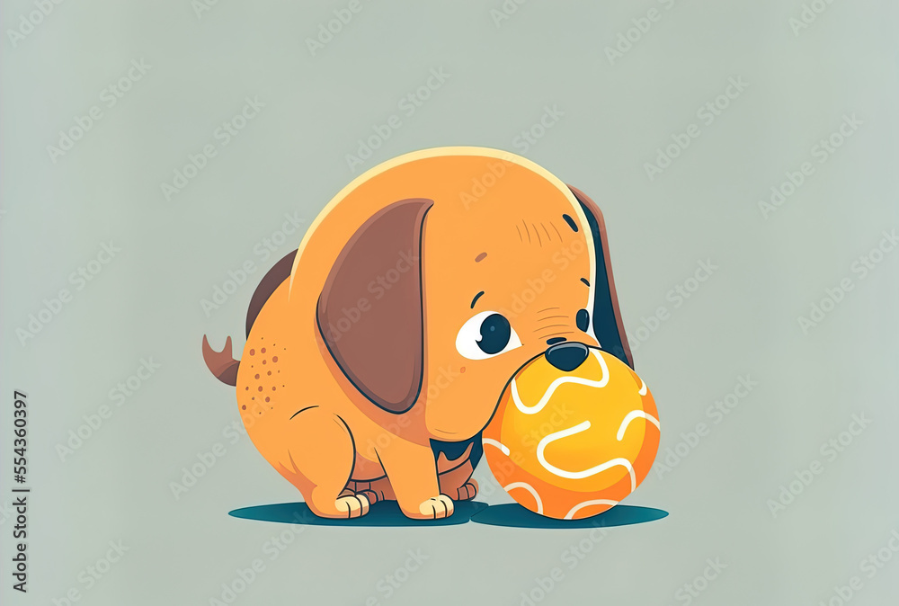 A cute puppy dog biting a ball in a cartoon image. animal sport symbol ...