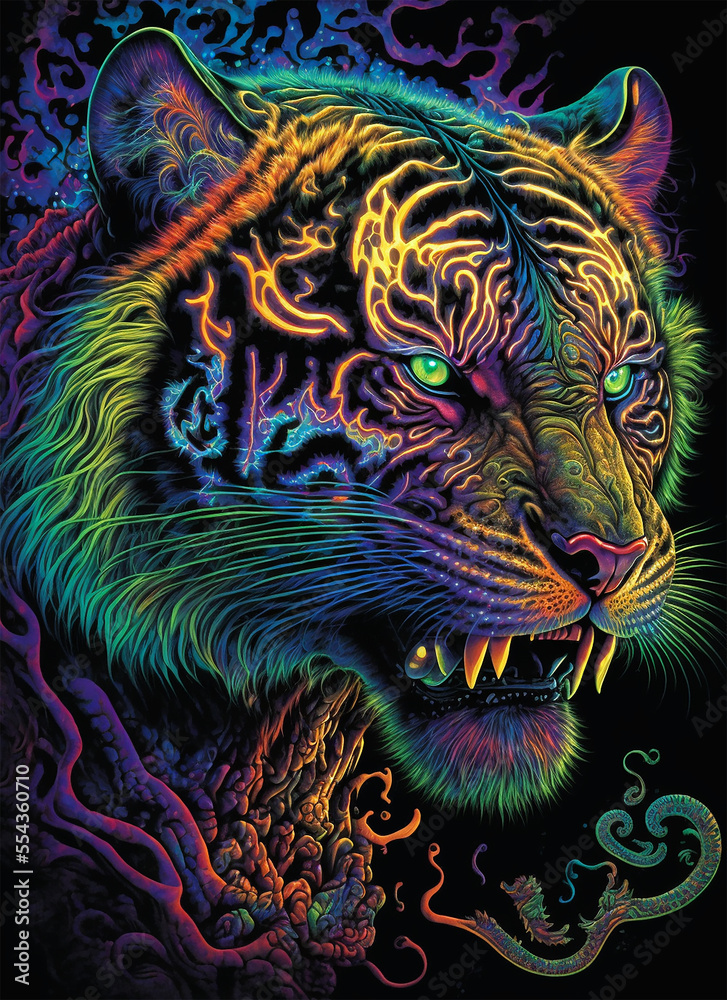 Psychedelic Tiger Face Generative AI Stock Illustration | Adobe Stock