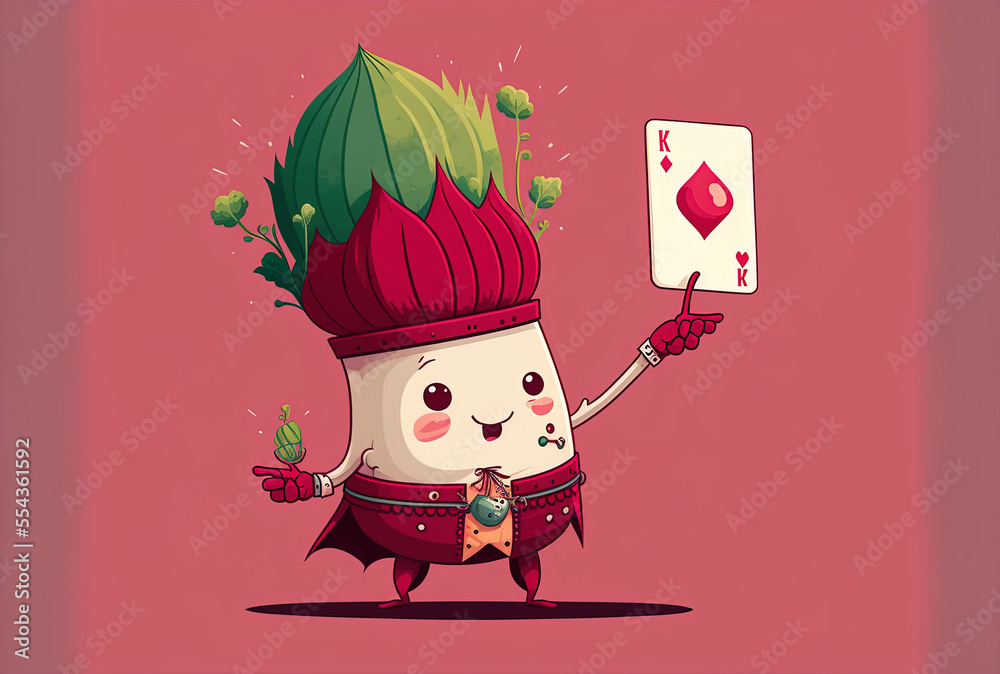 lovely cartoon Character of a beetroot magician using magic cards in ...